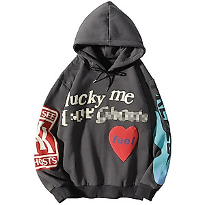 WINKEEY Unisex Lucky Me Ghosts Sweatshirt Rapper Long Sleeve Hip Pop Hooded Hoodie for Women (XXL,1Grey)