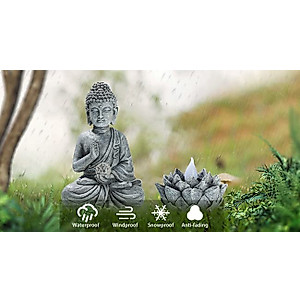 TERESA'S COLLECTIONS Meditating Buddha Statue and Lotus Lantern Garden Statue with Solar Lights, Set of 2 Rustic Buddha Outdoor Statue Spiritual Zen Garden Decor for Patio Porch Yard Decorations