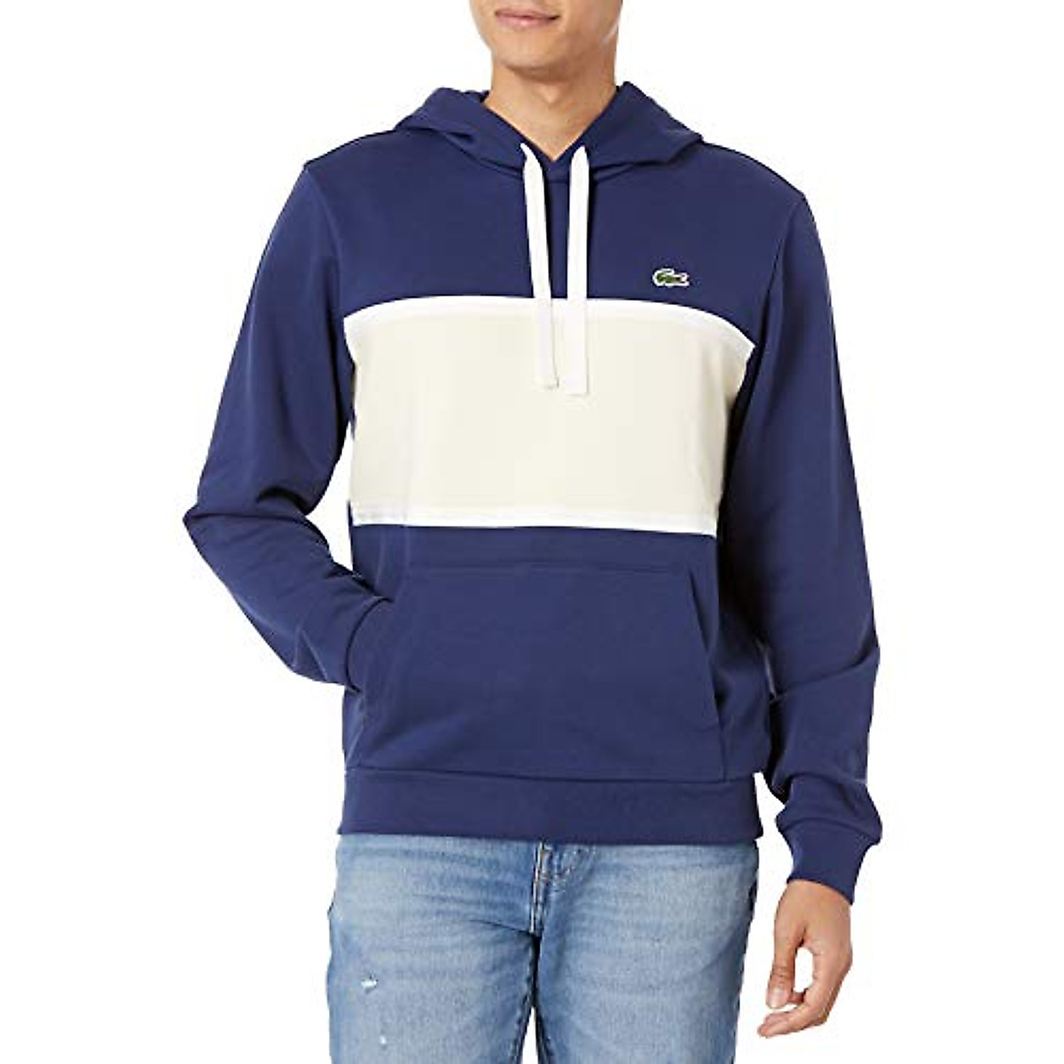 Lacoste Mens Long Sleeve Thick Stripe Colorblock Hooded Popover Sweatshirt Scille/Naturel Clair XX-Large One Size