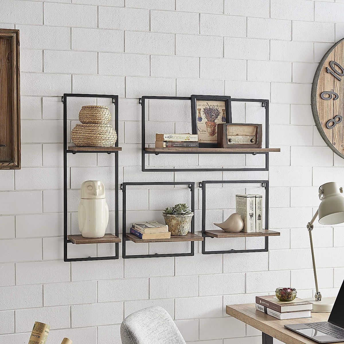Danya B Framed Wall Art 4-Piece Modern Shelf Set - Metal Frame and MDF Shelves (Brown and Black)