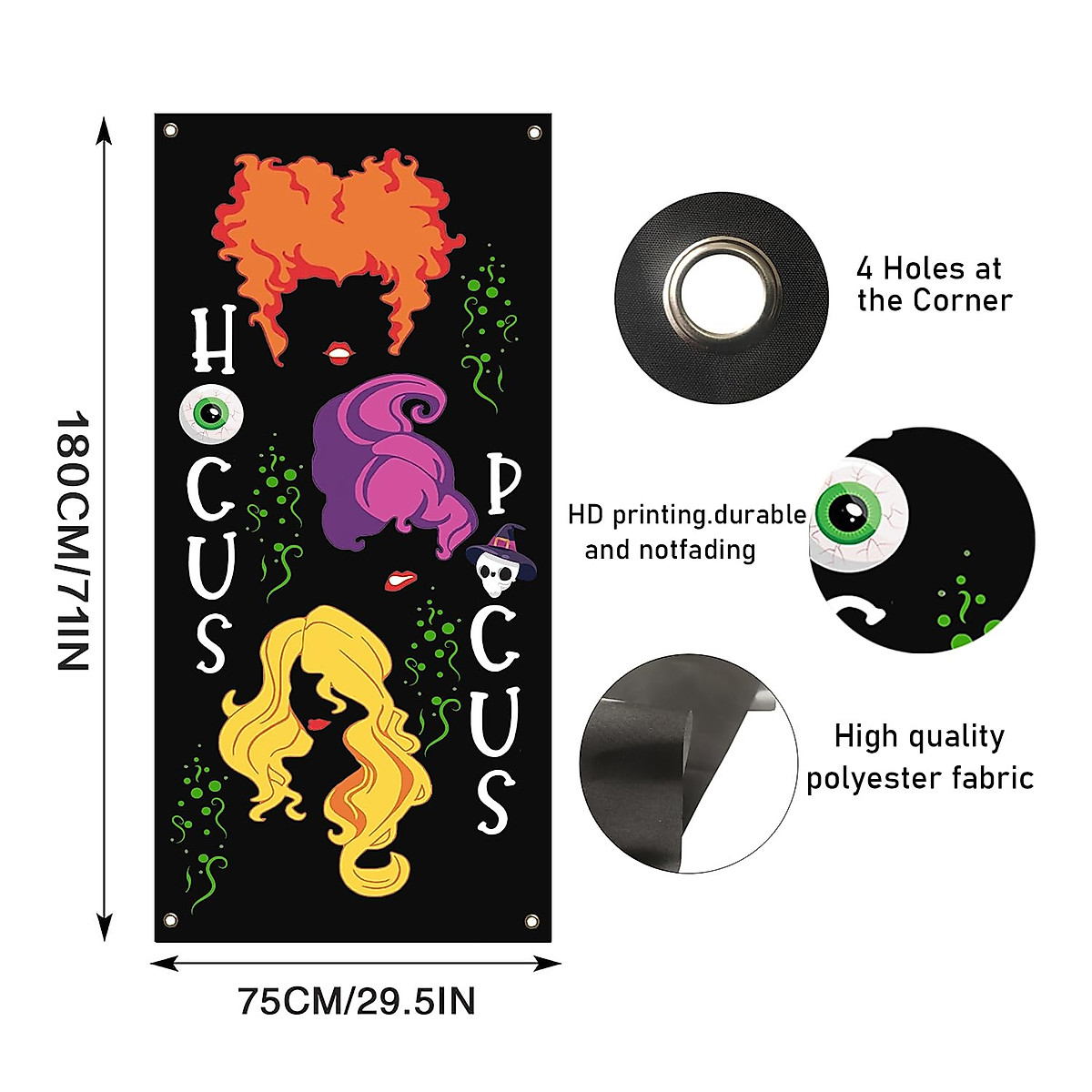 Halloween door cover, Halloween Hocus Pocus Halloween Three sisters door cover, Halloween party decoration front door logo banner indoor and outdoor Halloween supplies (29.5x71 inches