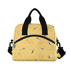Honeycomb Animal Bee Lunch Bag Reusable Lunch Tote Bag Thermal Cooler Bag Insulated Lunch Box with Adjustable Shoulder Strap for Office School Outdoor Picnic