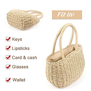 Gets Straw Bags for Women Hand-woven Small Hobo Bag Round Handle Ring Tote (Beige)