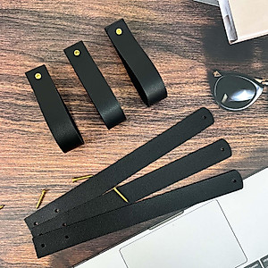 10 Pcs Black Leather Wall Hooks, Leather Curtain Rod Bracket, Leather Curtain Rod Holder Retro Strap Hangers with Screws for Hanging Towel Tapestry Canoe Paddle, Boho Farmhouse Style (Black)