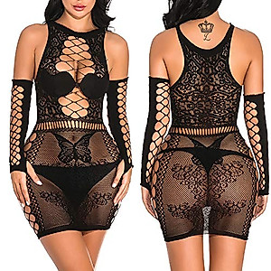 QuneusHot 3pcs Sexy Women Fishnet Dress Camisole Babydoll Lingerie Nightgowns Chemise Nightwear Sleepwear Black Set