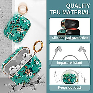 Airpods Pro Case Cover for Women, Premium Floral Print Protective Hard Case Cover for Airpods Pro Case 2019 with Keychain and Bonus Magnetic Anti-Lost Straps, Gift Idea for Women Girls (Green Floral)