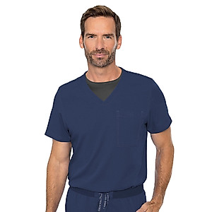 Med Couture Men's V-Neck Scrub Top, Tuckable Cadence One Pocket Scrub Top With 2-Way Stretch Technology MC7478, XL, Navy