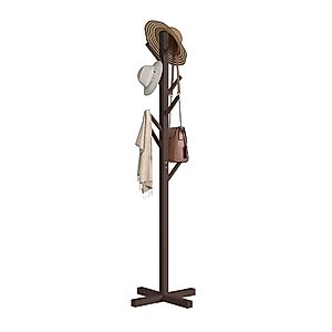 Tiasott Wooden Coat Rack Stand,Free Standing Tree Hanger,Standing Coat Rack with 8 Hooks,Hallway Entryway Clothes Hanger for Suits,Hats,Scarves,Handbags,Umbrella,Brown