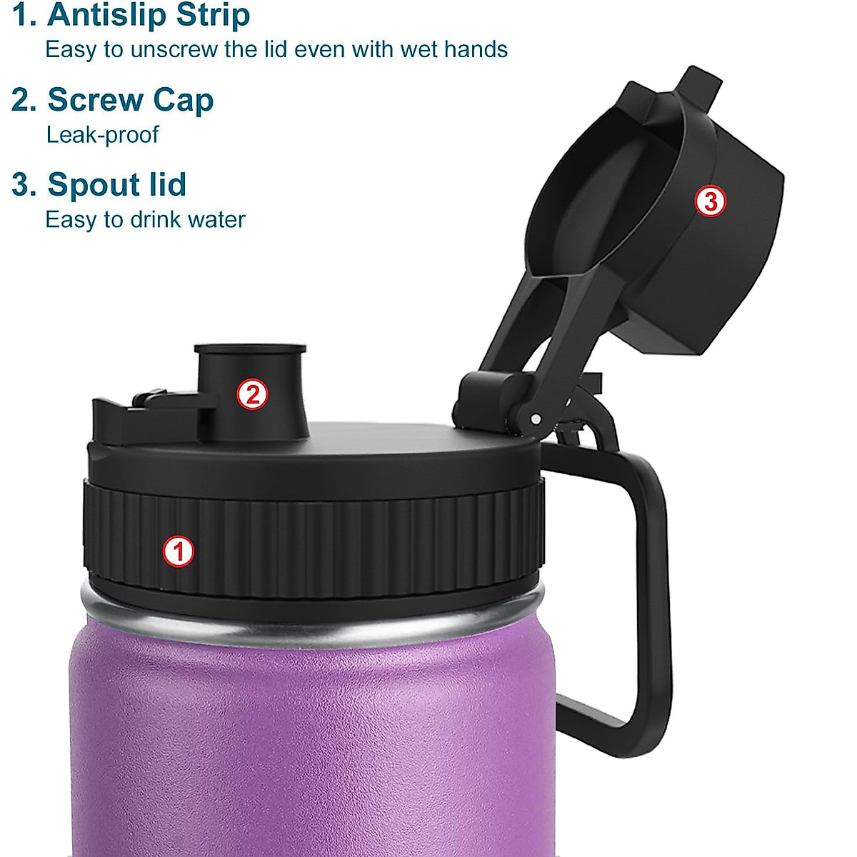 koodee Water Bottle 16 oz Stainless Steel Double Wall Vacuum Insulated Water Bottle for Kids School -Wide Mouth Sports Metal Water Flask for Girls(Purple)