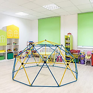 GLACER 10 FT Climbing Dome, Indoor & Outdoor Geometric Dome Climber with Swing, 800 lbs Weight Capacity, Easy Assembly Playground Jungle Gym for Kids Aged 3-10 Years Old, Blue + Yellow
