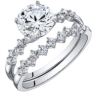 PEORA 1.50 Carats Moissanite Engagement Ring and Wedding Band Bridal Set Scattered Side Stones 925 Sterling Silver, Round Brilliant Shape, D-E Color, VVS Clarity, Size 10