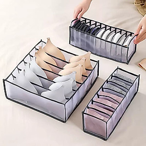 JOSEFA 3 PCS UNDERWEAR STORAGE ORGANIZER. Bra, Panties, Leggings Foldable Type Mesh Nylon Drawer or Closet. Convenient Save Space Storage Box Folding for Drawers (6/7/11 Grid, Gray).