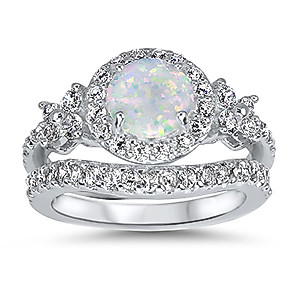 LaRaso & Co His Hers Wedding Set White Opal Bridal Engagement Ring Set Matching Titanium Sterling Silver Bands 10/7