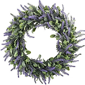 GTIDEA 18" Artificial Lavender Wreath for Front Door Purple Lavender Flowers Wreath with Eucalyptus Leaves Farmhouse Wreath Outdoor for Christmas Home Porch Wall Window Garden Indoor Party Decor