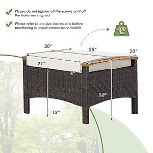HAPPYGRILL Set of 2 Outdoor Patio Ottoman PE Rattan Wicker Ottomans with Removable Cushions and Solid Acacia Wood Handle Outdoor Footstool Footrest Set Seats and Side Table Set