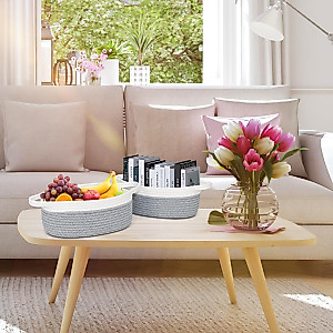 ArcaGuru Small Woven Basket with Handles, Empty Storage Baske for Gifts, Rope Room Shelf Storage Basket for Towels, Snacks, Dog Toy Basket, Pack of 2, Gray