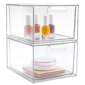 Acrylic Makeup Organizer, 4.4'' Tall Bathroom Clear Plastic Storage Bins, Set of 2