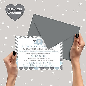 Paper Clever Party Blue Elephant Baby Shower Thank You Cards with Envelopes Blank Notes Prefilled Message Boys Personalize for Registry Gifts Cute Jungle Animal Set 4x6, 15 Pack Printed