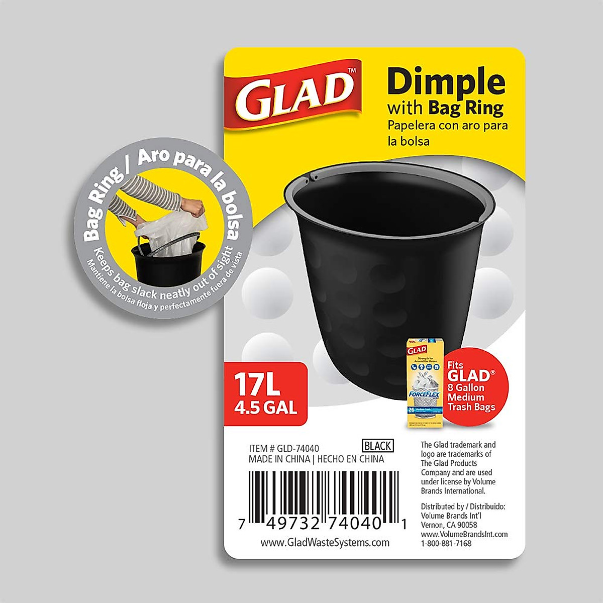 Glad Dimple Oval Trash Can Waste Bin 17L with Bag Ring, Black