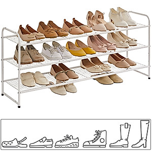 YMYNY Freestanding Shoe Racks, 3 Tiers Stackable & Adjustable Shoe Storage Shelf, Extra Large Capacity Shoe Organizer Stand for 20-24 Pairs, for Entryway, Closet, Bedroom, White, 42.9" L, UHXJ302W
