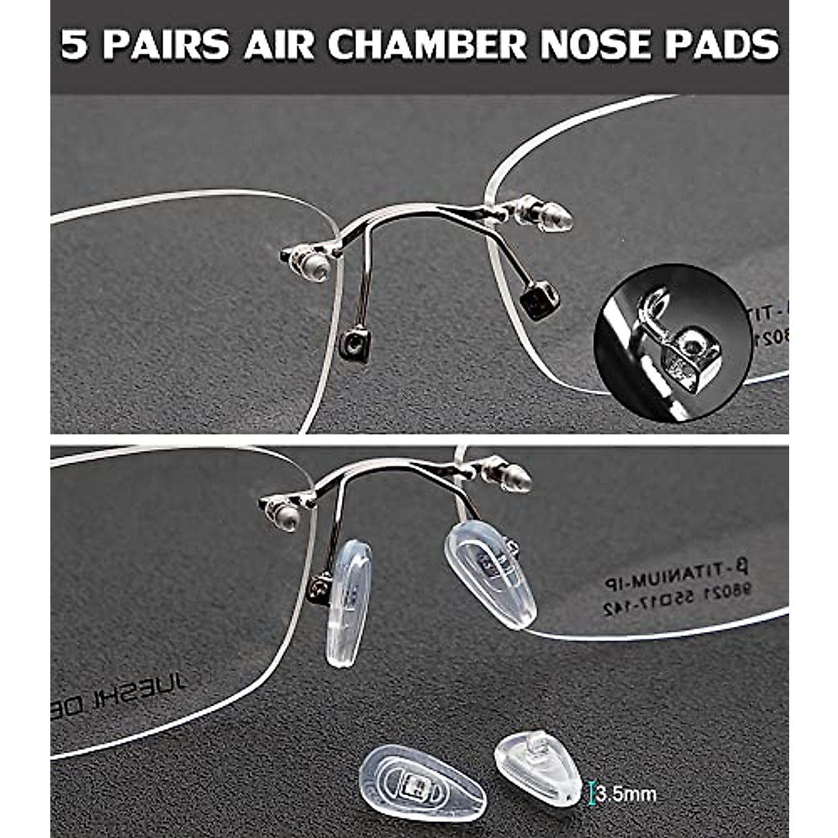 PTSLKHN 5 Pairs of Eyeglass Nose Pads, Upgraded 15x8mm Soft Silicone Air Chamber Eyeglasses Nose Pads, Screw-in Glasses Nose Pad Replacement Kit.