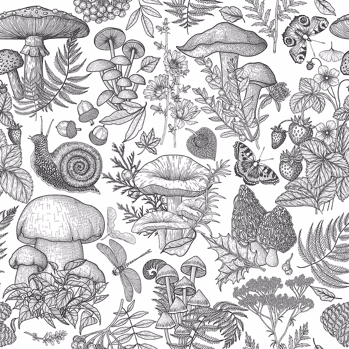 BEETAL Black and White Boho Mushroom Snail Peel and Stick Wallpaper Modern Esay Peel Off Contact Paper Vintage Self Adhesive Removable Stick on Wall Paper for Kitchen Cabinet Furniture Renter Friendly