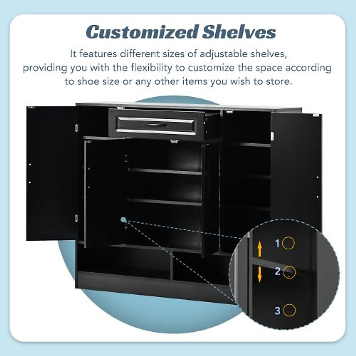 FridayParts Sleek and Modern Cabinet with Adjustable Shelves, Minimalist Shoe Storage Organizer with Sturdy Top Surface, Space-Saving Design Side Board for Various Sizes of Items, Black