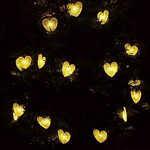 WONFAST Solar Heart String Lights, Waterproof 23ft 50LED Heart-Shaped 8 Mode Solar Starry Ambiance Lighting Christmas Fairy String Lights for Gardens Path Homes Wedding Party Decor (Warm White)