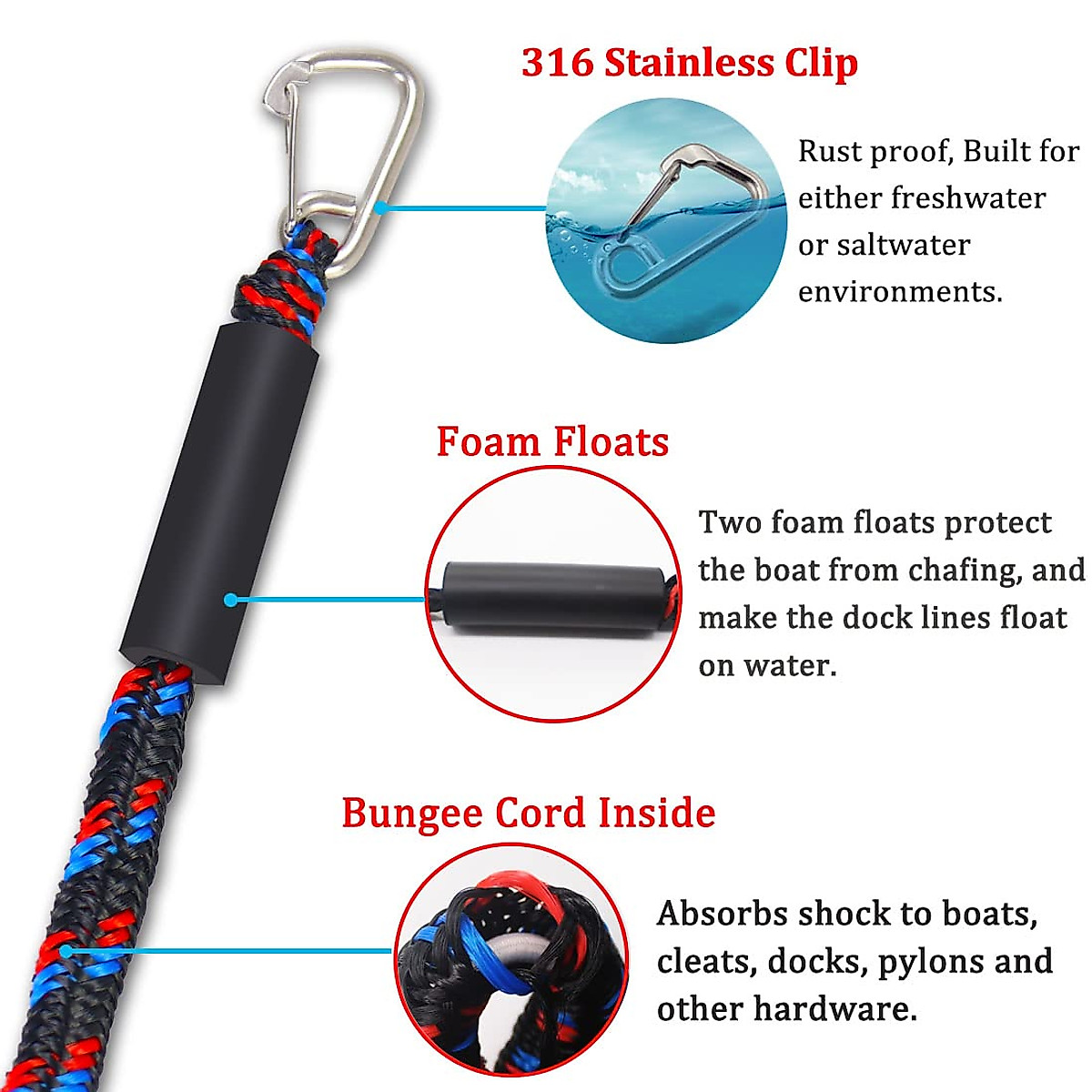 Botepon Marine Bungee Dock Lines, Boat Dock Rope, Jet Ski Accessories with Stainless Clip for for Jet Ski, SeaDoo, Yamaha WaveRunner, Kayak, Pontoon Boat, Dinghy (4 Feet)