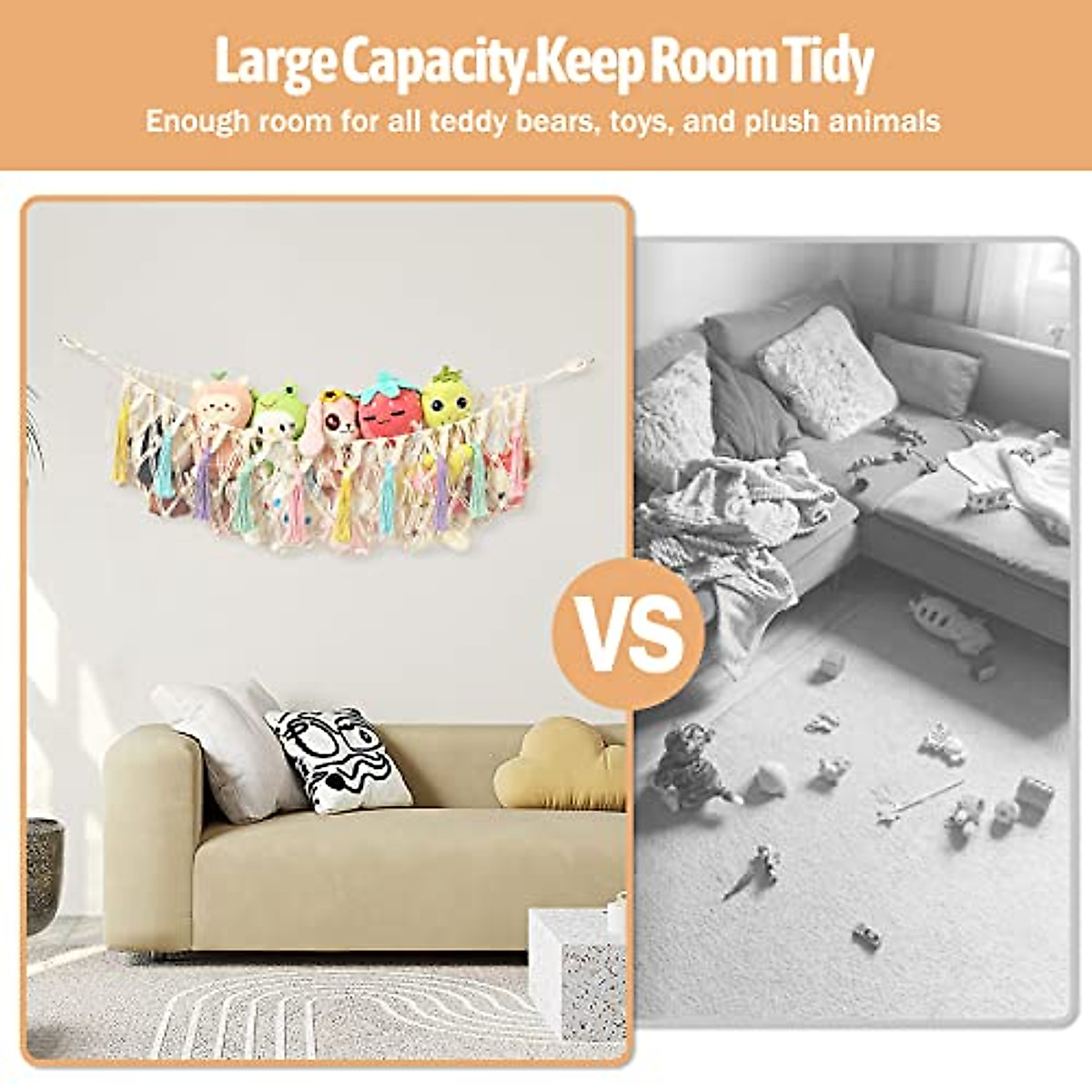 Stuffed Animal Net or Hammock, Macrame Plush Toy Holder, Large Handmade Wall Hanging Stuffed Animal Storage Mesh, Boho Doll Organizer Hammock for Kid's Room, Nursery, Bedroom, Playroom