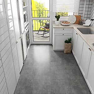 VEELIKE Peel and Stick Floor Tile 12''x12'' Distressed Grey Concrete Vinyl Flooring Waterproof Self Adhesive Removable Grey Stick on Floor Tiles for Bathroom Kitchen Bedroom Living Room 4 Tiles