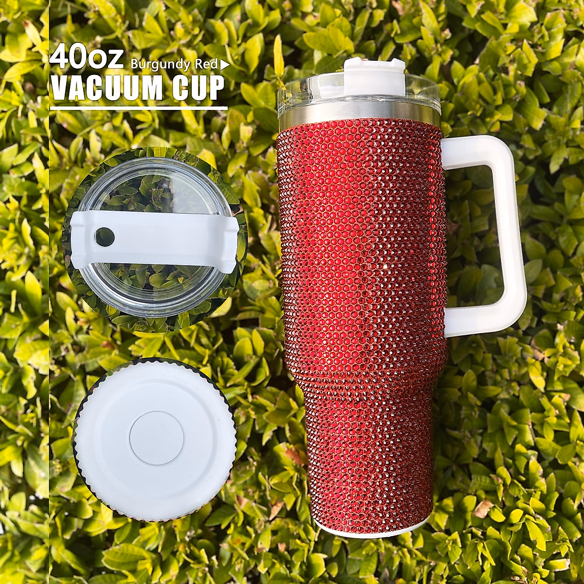 Cupcupmore 40oz Burgundy Red Bling Rhinestone Stainless Steel Sippy Tumbler Glitter Vacuum Insulated Water Bottle with Straw & Lid &Handle,Thermos for Hot & Cold Drinks,Car Cup Holder,Coffee