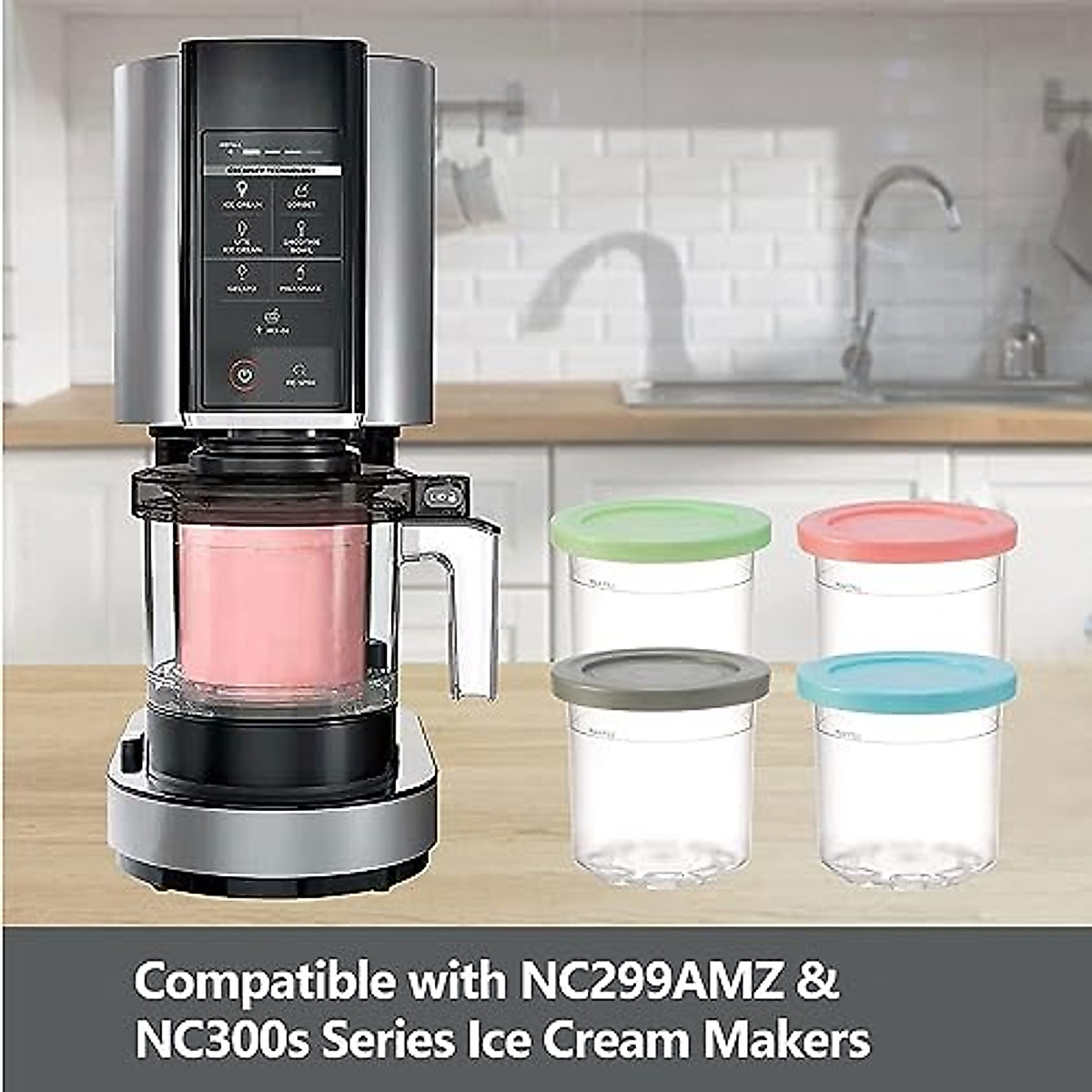 DISXENT 2/4/6PCS Creami Deluxe Pints, for Ninja Creami Ice Cream Maker,16 OZ Ice Cream Containers for Freezer Reusable,Leaf-Proof Compatible NC301 NC300 NC299AMZ Series Ice Cream Maker,Pink+Blue-4PCS