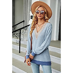 Keificle Women's V-Neck Pullover Color Blocking Long Sleeves Side Split Fall Tunic Tops (Large, 01_Light Blue)