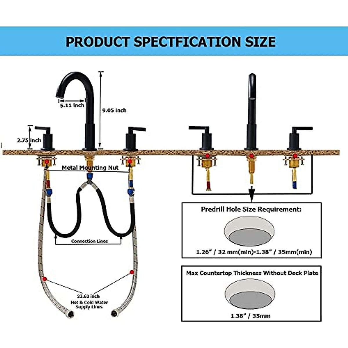 KINGO HOME Widespread Matte Black 3 Hole Bathroom Faucet, 2 Handle Black Bathroom Sink Faucet Modern Vanity Faucet with Supply Hoses, Pop Up Drain Stopper for Bathroom Sink