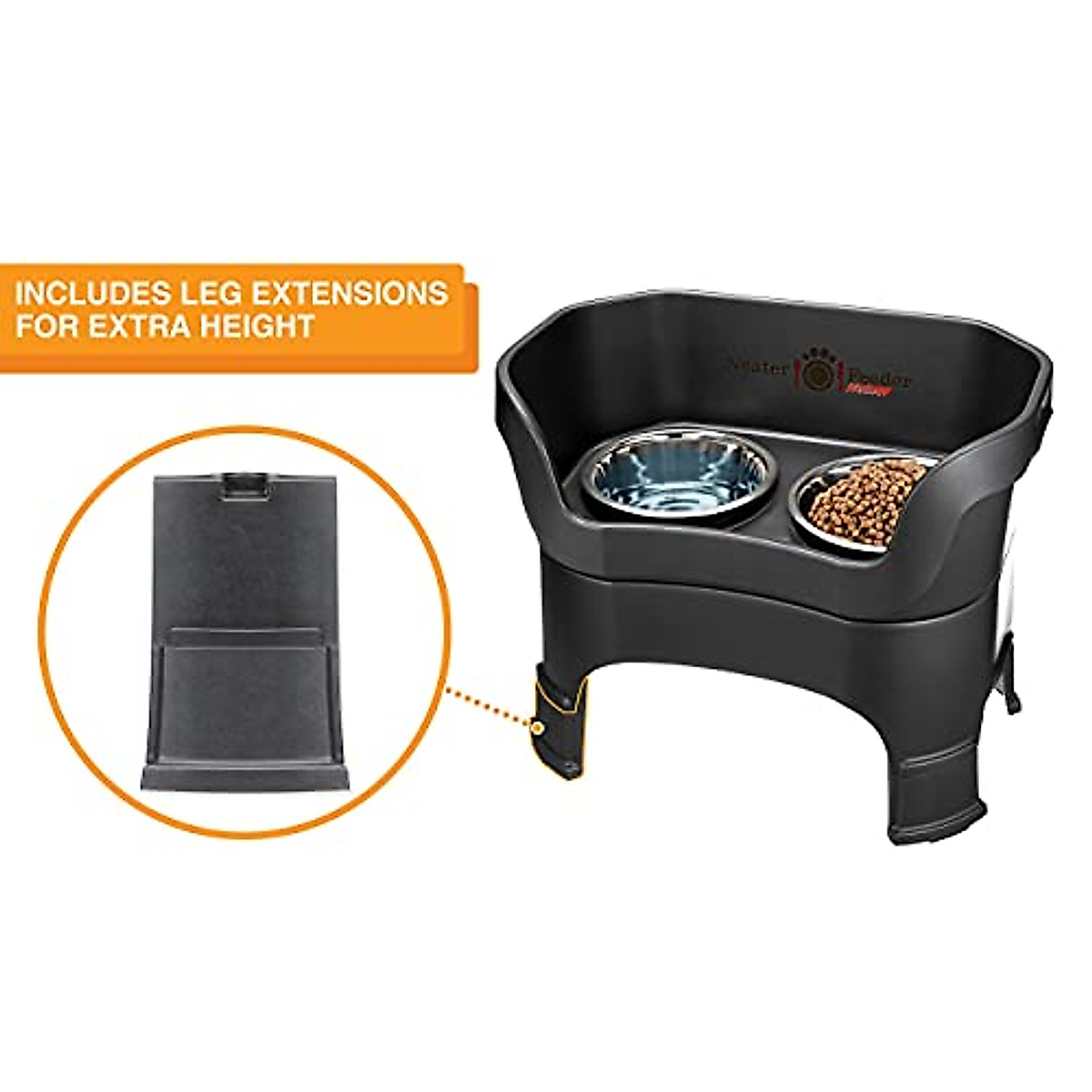 Neater Feeder Deluxe with Leg Extensions for Large Dogs - Mess Proof Pet Feeder with Stainless Steel Food & Water Bowls - Drip Proof, Non-Tip, and Non-Slip - Midnight Black