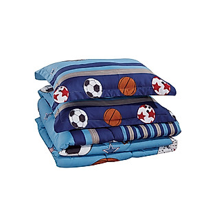 Chezmoi Collection 6-Piece Kids/Teens Mini Bed in a Bag - Soft Microfiber Navy Blue Black Orange Red White Basketball Football Soccer, Sports Comforter Set with Fitted Sheet Full Size