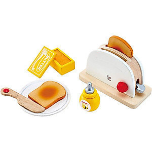 Hape White Wooden Pop-Up Toaster Set Pretend Play Breakfast Accessories for Preschoolers