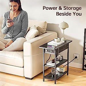 HOUIT End Table with Charging Station, Narrow Flip Top Side Table with USB Ports and Outlets, Nightstand with Storage for Small Spaces, Bedside Tables for Living Room, Bedroom - Gray