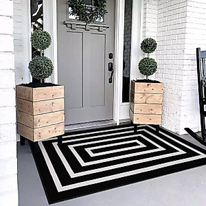 LEEVAN Black and White Rug 3x5 ft Cotton Woven Striped Door Mat Reversible Foldable Washable Indoor Outdoor Striped Rug Farmhouse Geometric Front Porch Rug for Living Room/Front Door/Balcony
