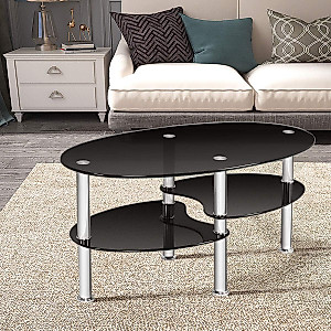 Casart Glass Coffee Table End Table 2 Tire for Home &Office with Sturdy Chrome Plated Legs Tea Table (Black)