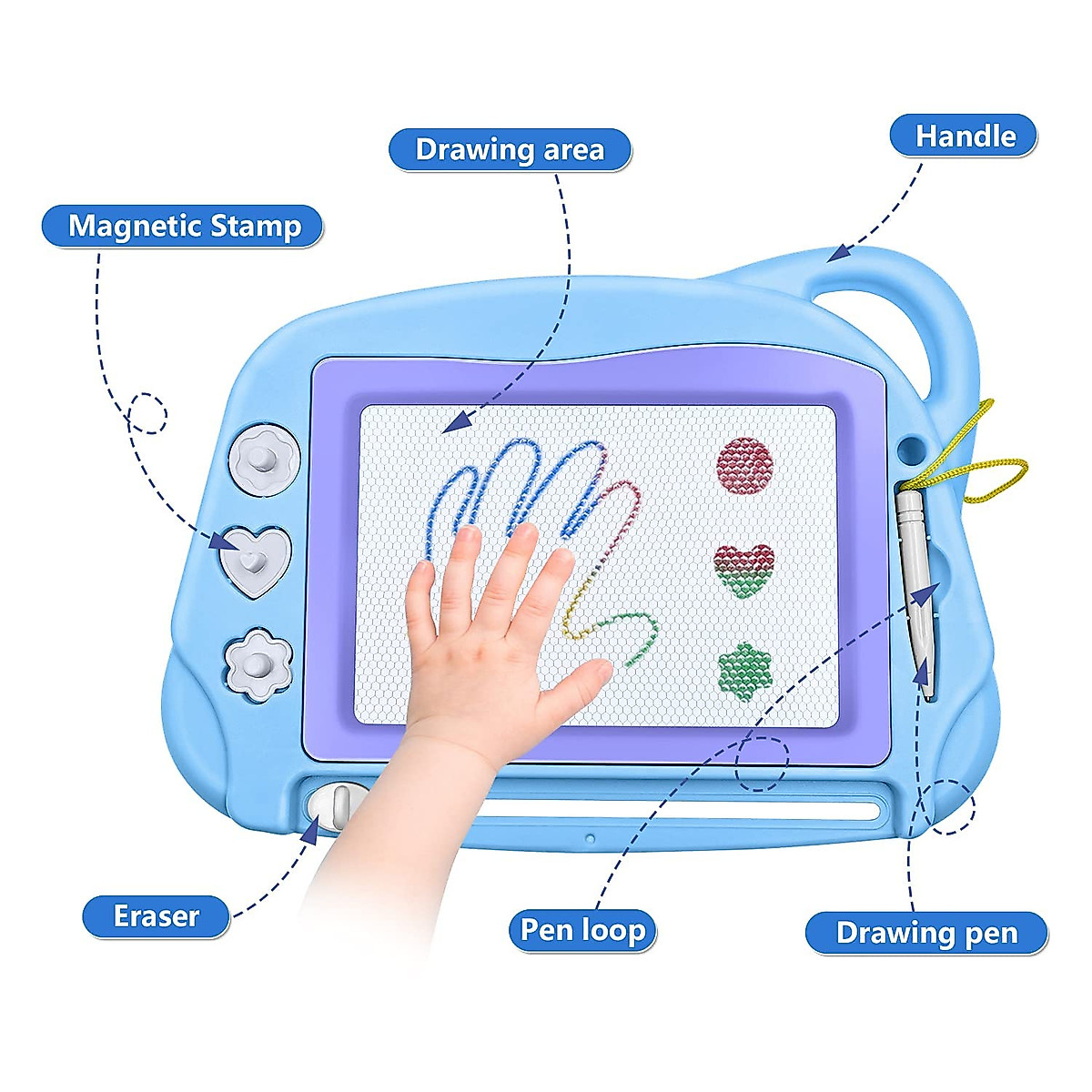 AiTuiTui Magnetic Drawing Board Mini Travel Doodle, Erasable Writing Sketch Colorful Pad Area Educational Learning Toy for Kid/Toddlers/Babies with 3 Stamps and 1 Pen (Sky Blue)