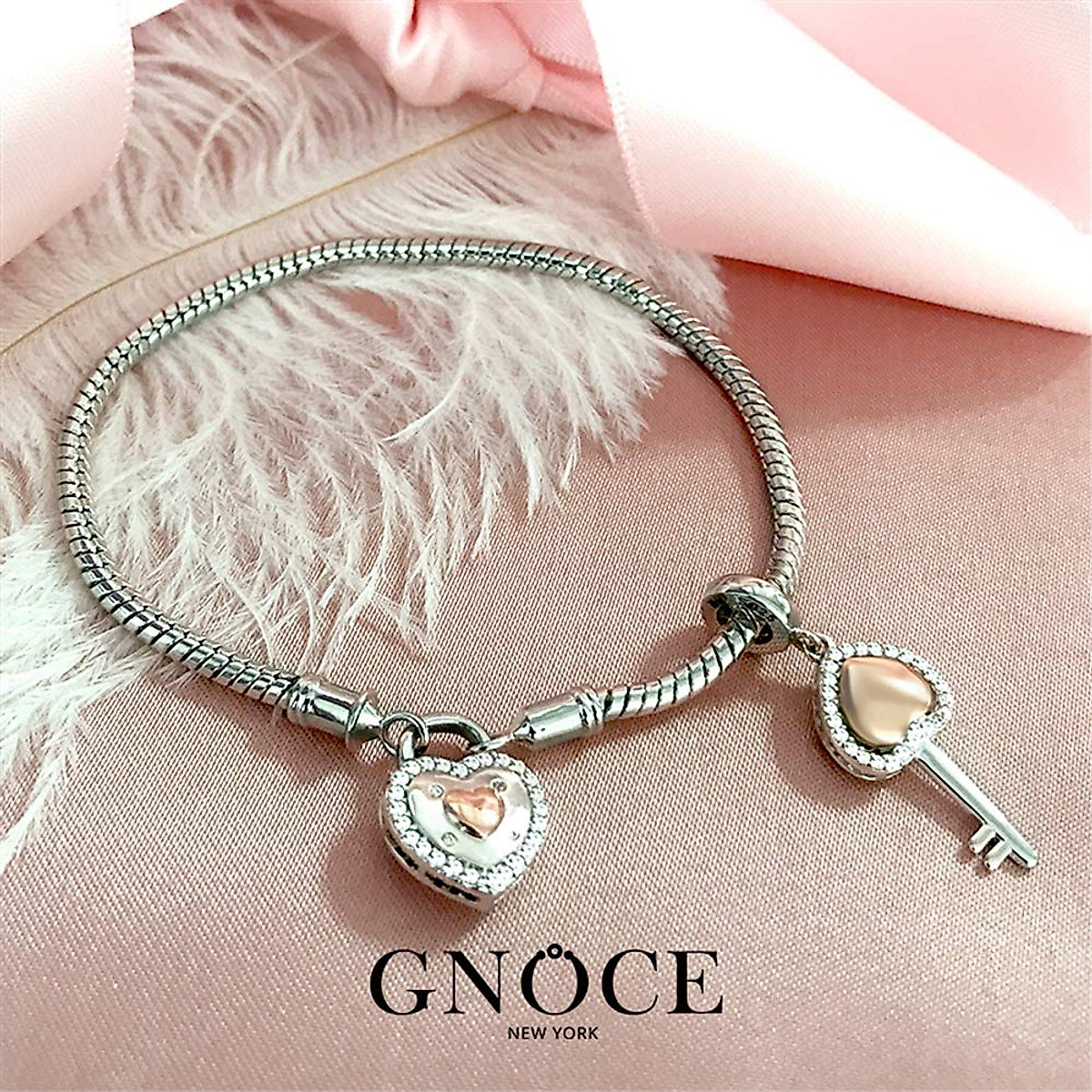 GNOCE Charm Bracelet Sterling Silver DIY Snake Chain Open My Heart Lock Basic Charm Bracelet Bangle with Heart Shaped Lock Clasp (8.7)