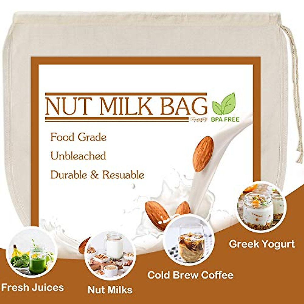 6 PCS 12"x12" Nut Milk Bags - 100% Unbleached Cotton Cheesecloth, Reusable Food Strainer Colander For Straining Almond/Oat Milk, Celery Juice, Cold Brew Coffee, Yogurt and Cheese Making
