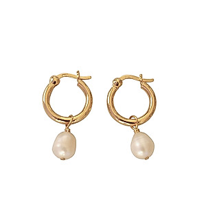 Yellow Gold Plated over Sterling Silver 8x7mm Oval Pearl 14mm Hoop Earrings for women - Small Dainty Hoops | Handmade by MiYa Jewelry creations