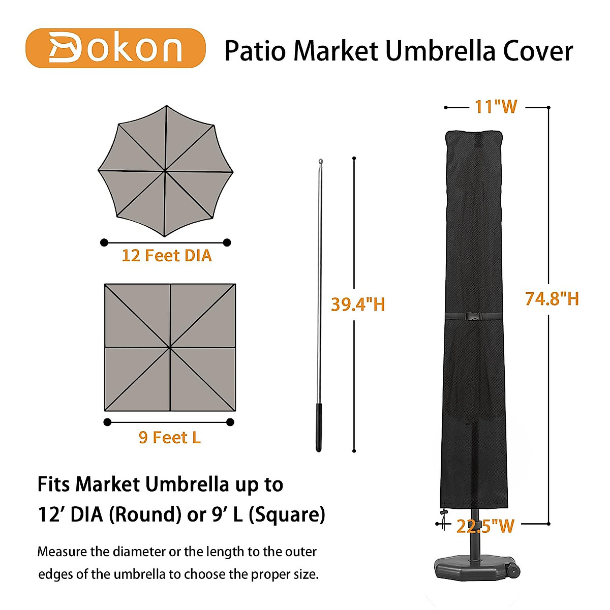 Dokon Patio Umbrella Covers Waterproof Outdoor Market Umbrella Cover Heavy Duty 600D Oxford Fabric Anti-Fading UV Resistant Umbrella Parasol Cover for 9ft to 12ft Market Umbrella - Black