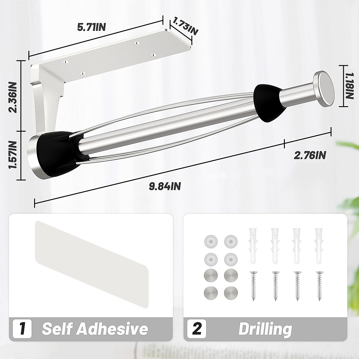 VEHHE Under Cabinet Paper Towel Holder, One Hand Operable Paper Towel Holder Wall Mount with Damping Effect, Self-Adhesive or Drilled for Kitchen, Bathroom. (Silver)