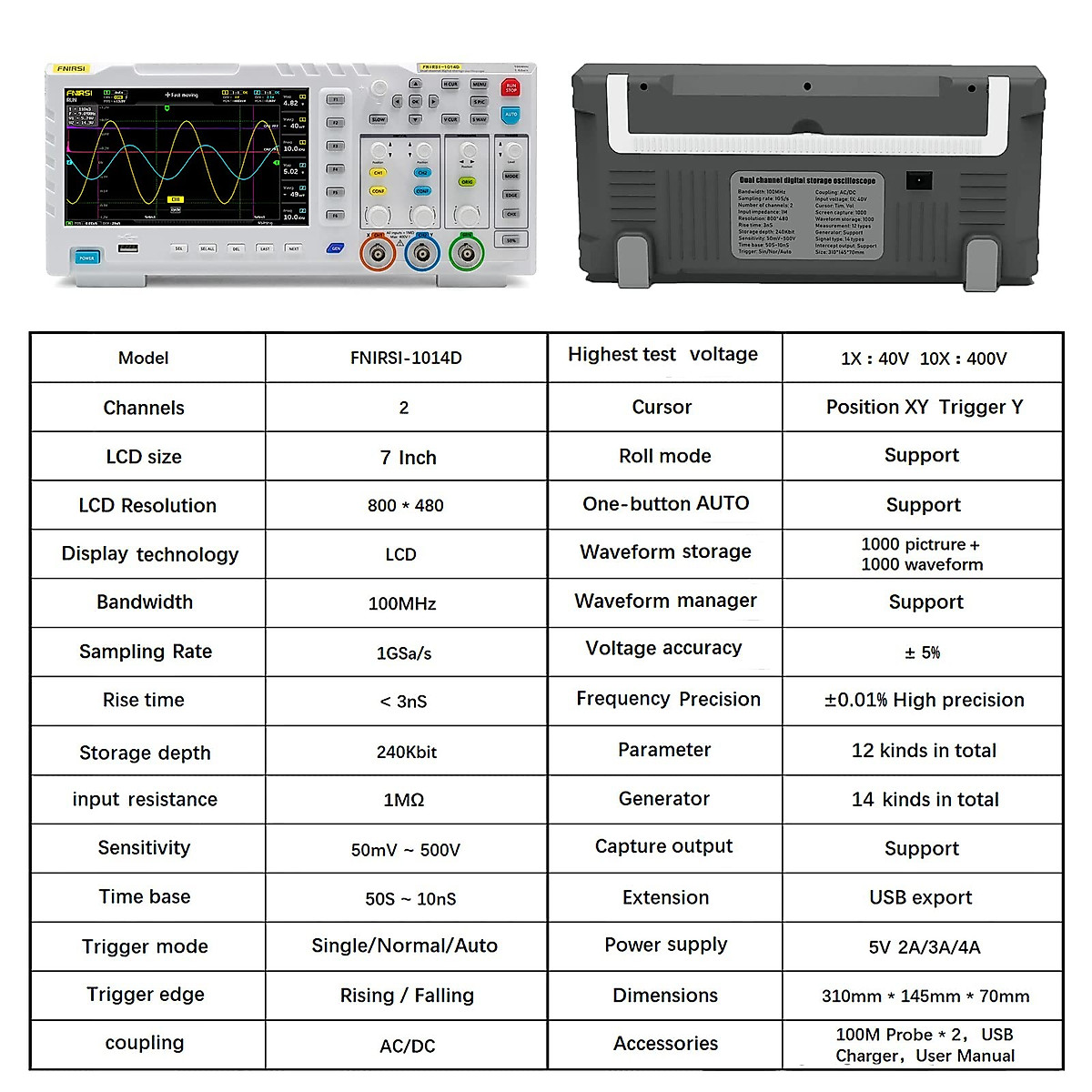 FNIRSI 1014D Oscilloscope 2 in 1 Digital Oscilloscope DDS Signal Generator, 100X High Voltage Probe, 2 Channels 100Mhz Bandwidth 1GSa/s Sampling Rate Built-in 1GB Storage Space