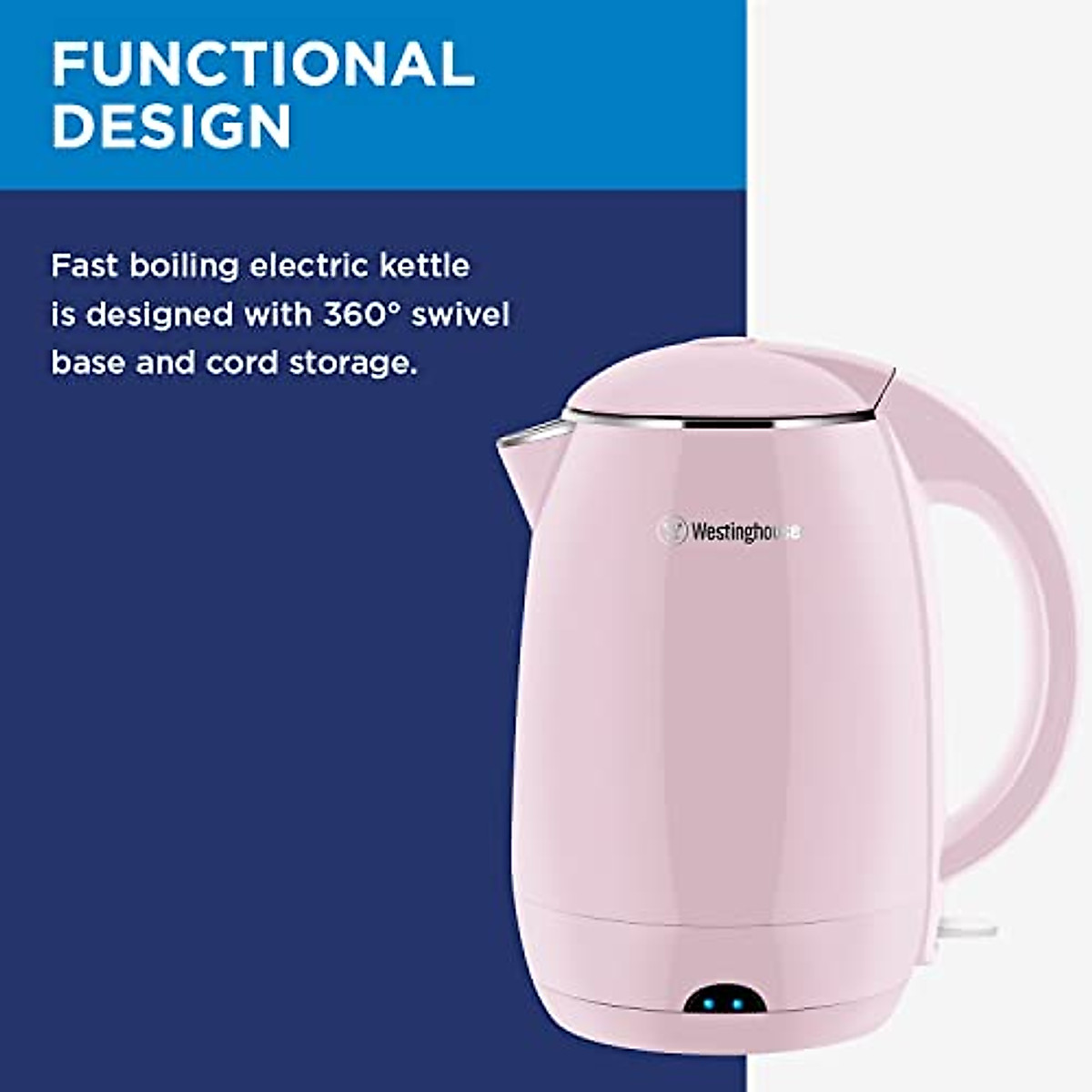 Westinghouse Electric Cordless Kettle - Crafted with 1.8L Capacity, Double Wall Housing, Auto Shutoff, Stainless, Steel Interior, Concealed Heating Element, and 360° Swivel Base and Cord Storage (Pink)
