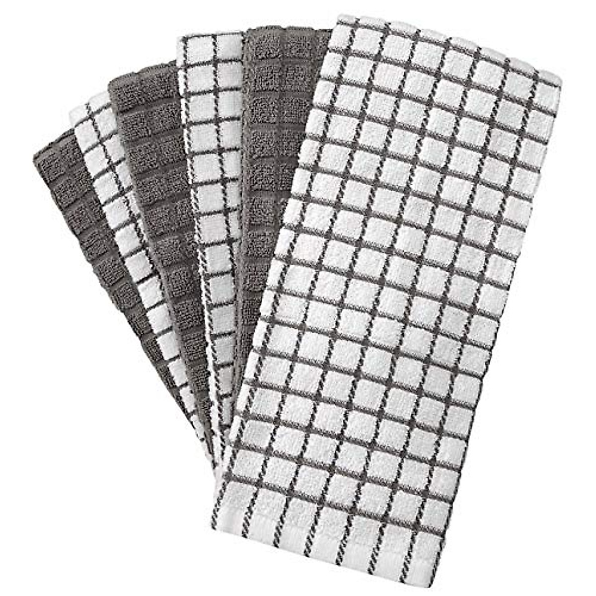 Kitchen Towels 16"x 28" | Dish Towels | Kitchen Hand Towels | Large Dishcloths Set | Highly Absorbent Tea Towel, Soft with Hanging Loop | Natural Ring Spun Cotton, 380 GSM | Gray Check Design - 6 Pack
